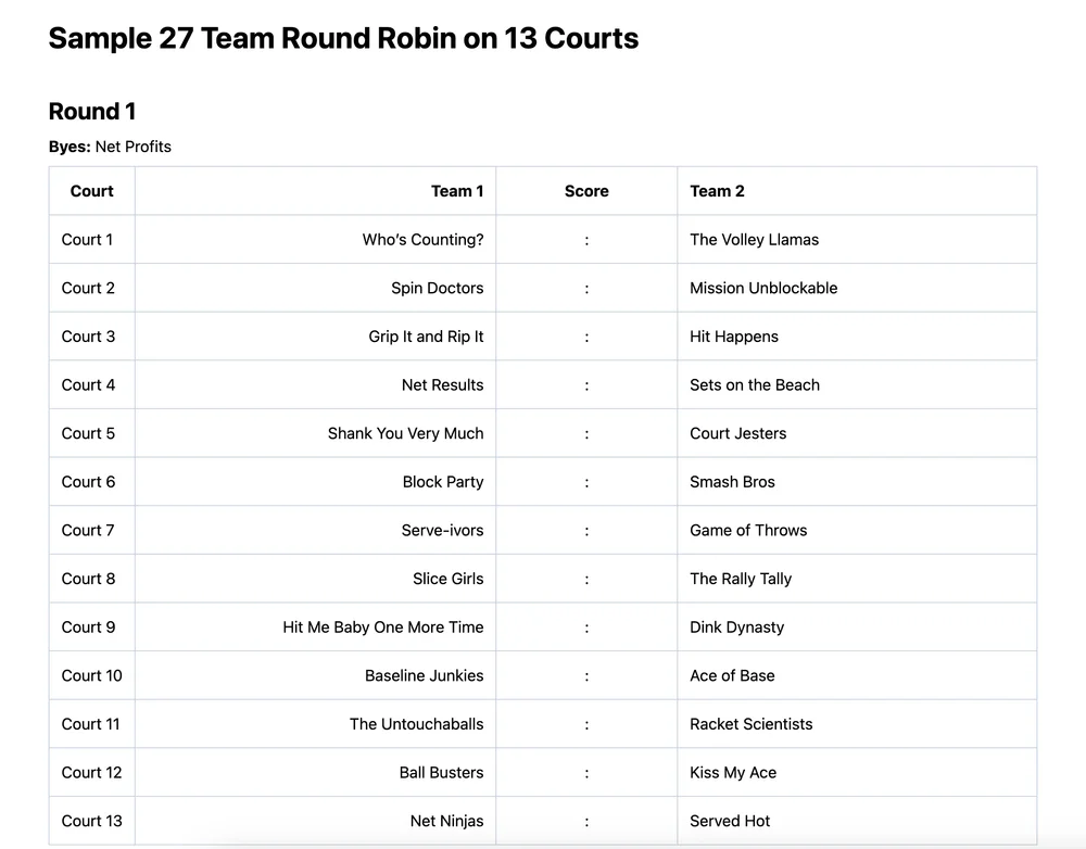 27 Team Round Robin Generator | Online + Printable PDF/CSV