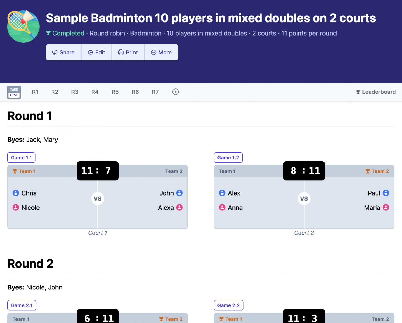 Badminton Round Robin Tournament Generator | Free + Printable PDF & CSV