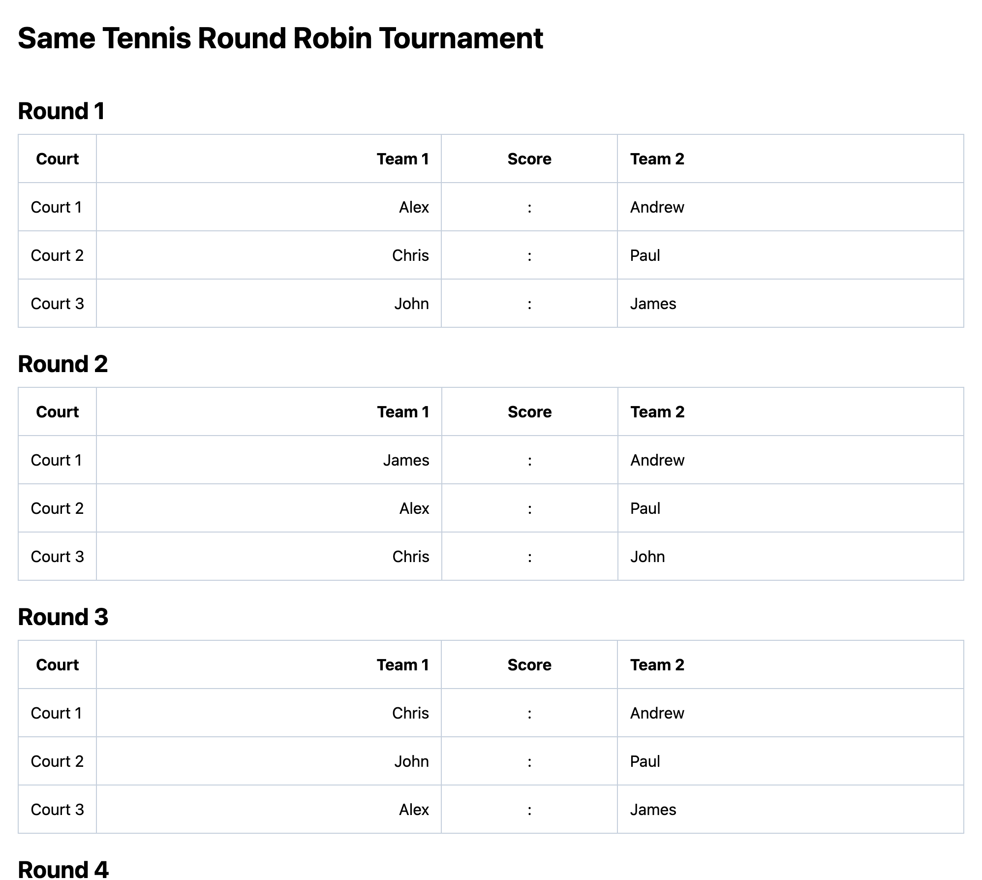 Tennis Round Robin Tournament Generator | Free + Printable PDF & CSV
