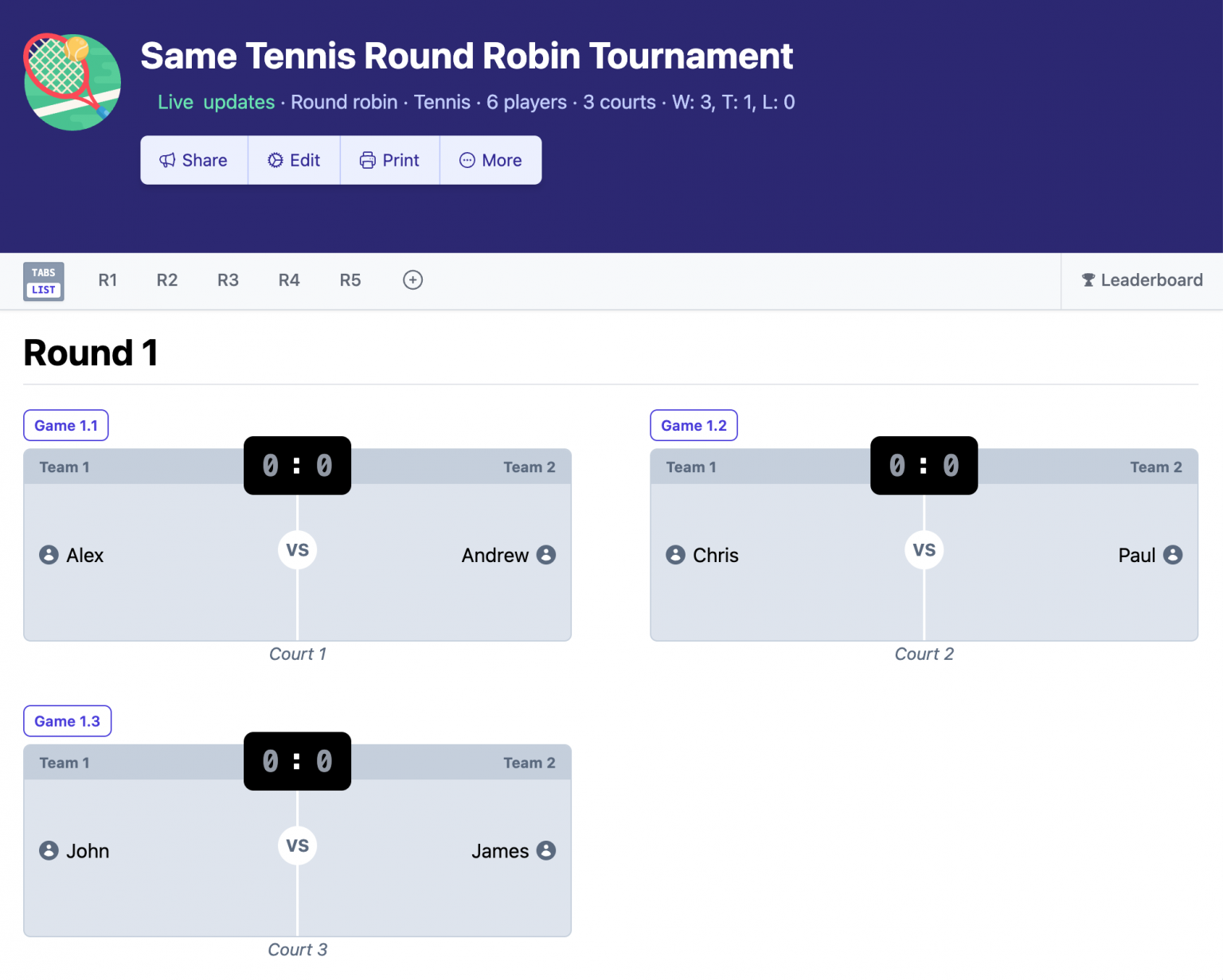 Tennis Round Robin Tournament Generator | Free + Printable PDF & CSV