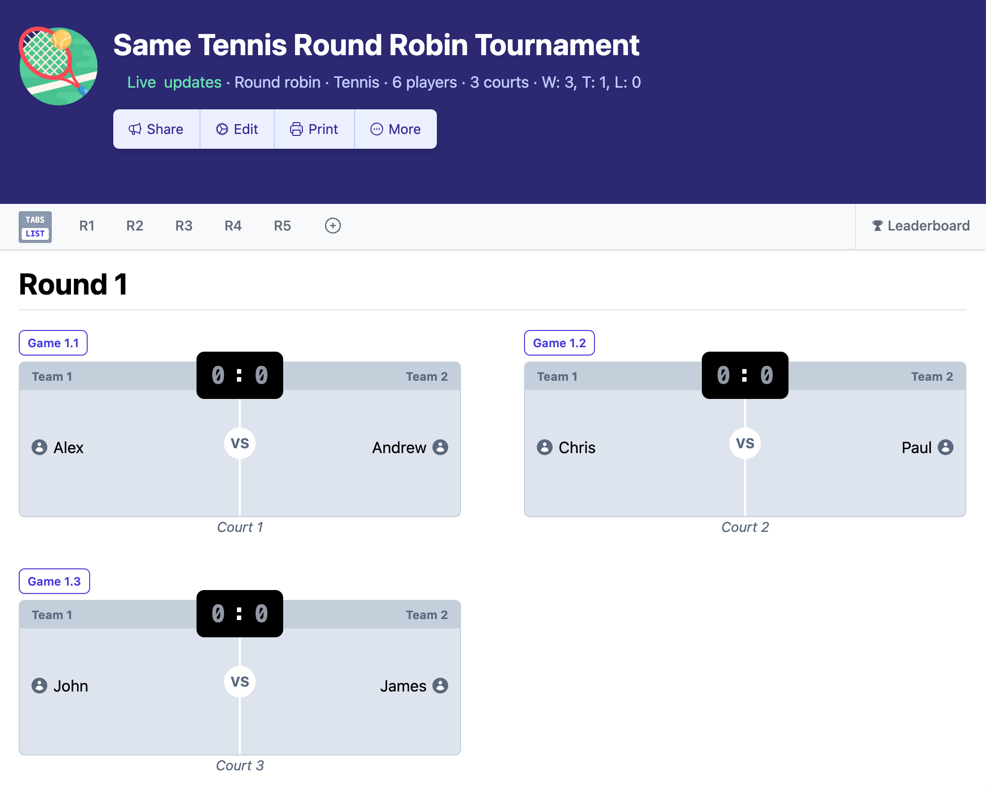 Tennis Round Robin Tournament Generator | Free + Printable PDF & CSV